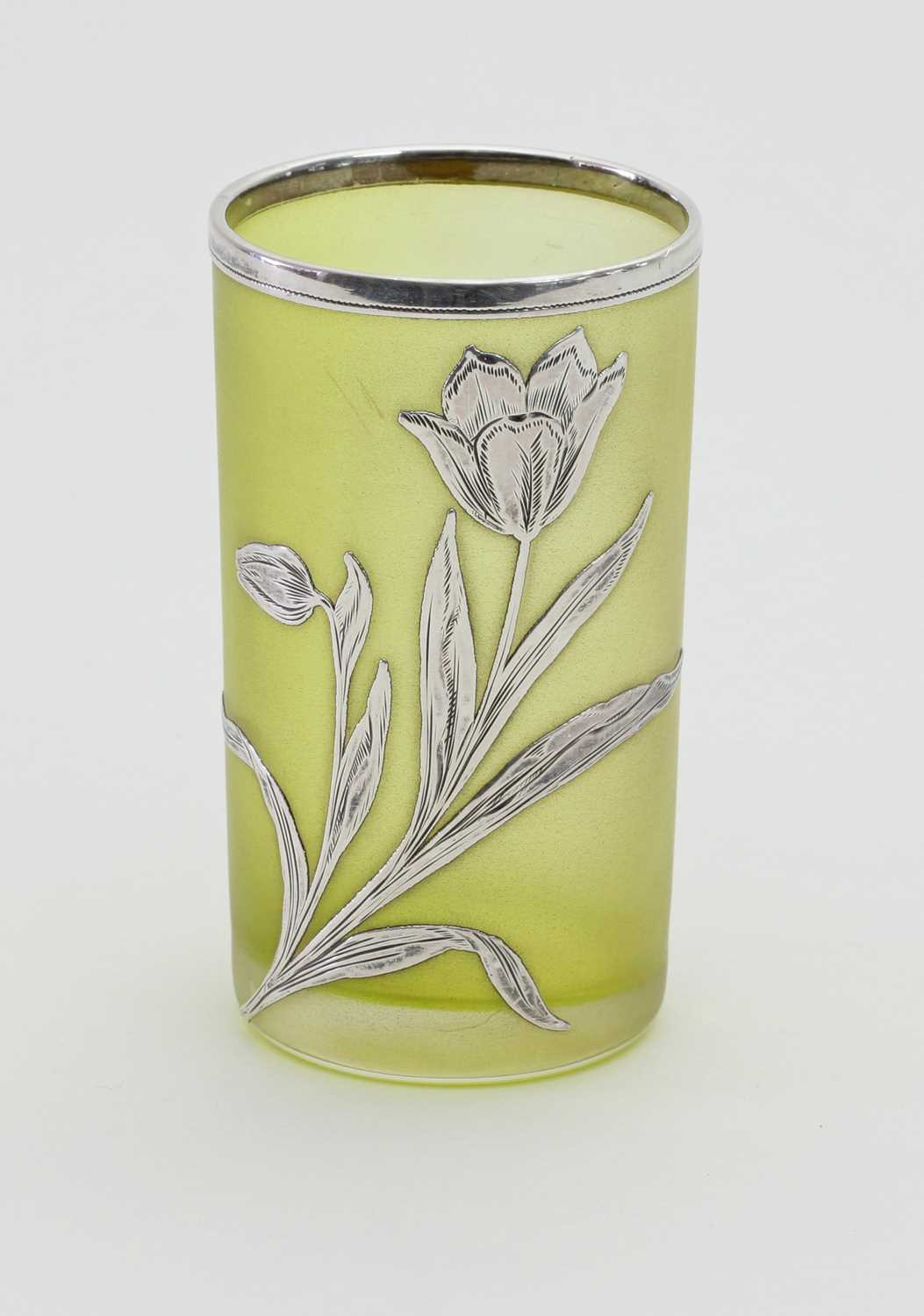 Lot 285 - A frosted green glass beaker, with silver