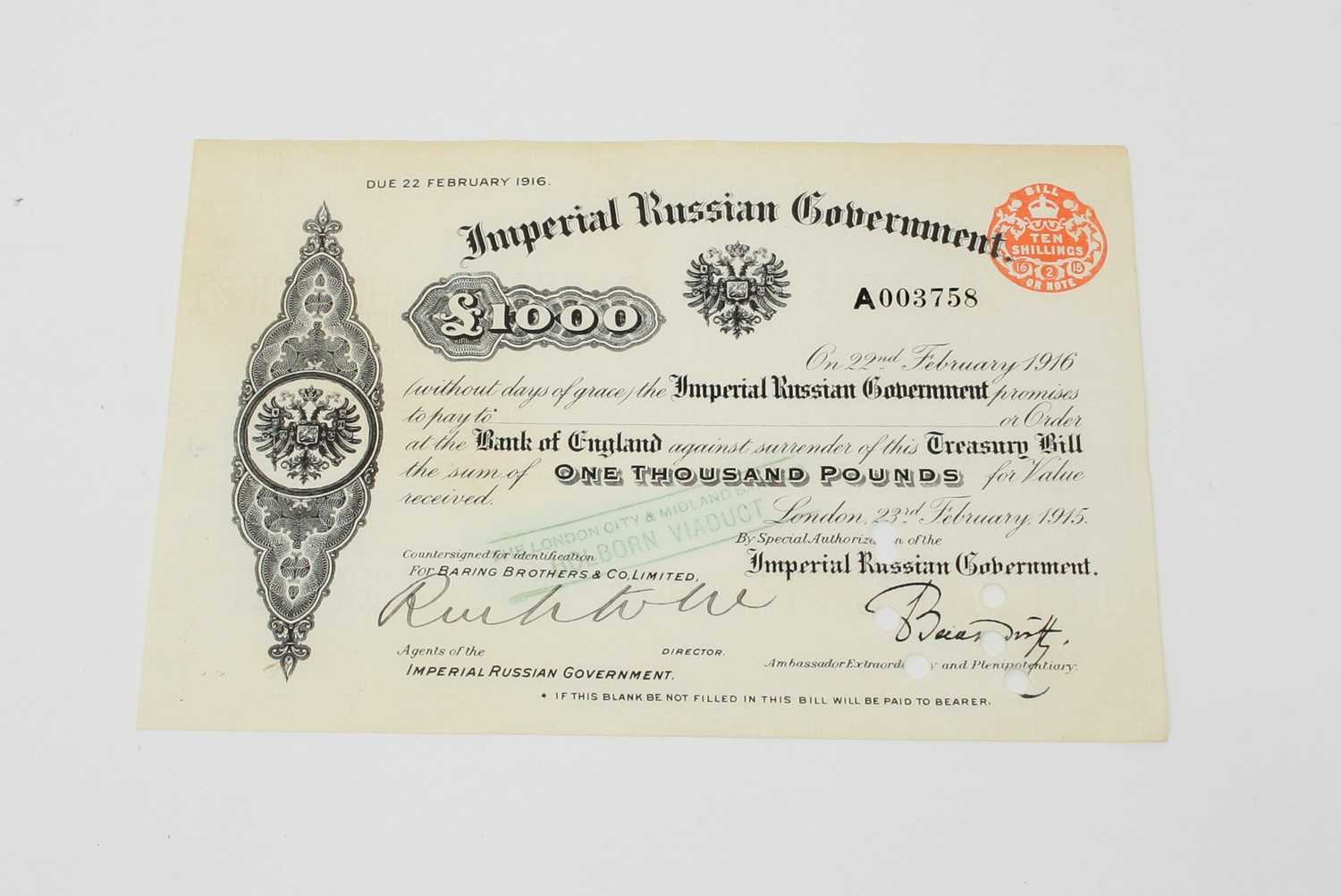 Lot 454 - A cancelled promissory note for ??1000.00,
