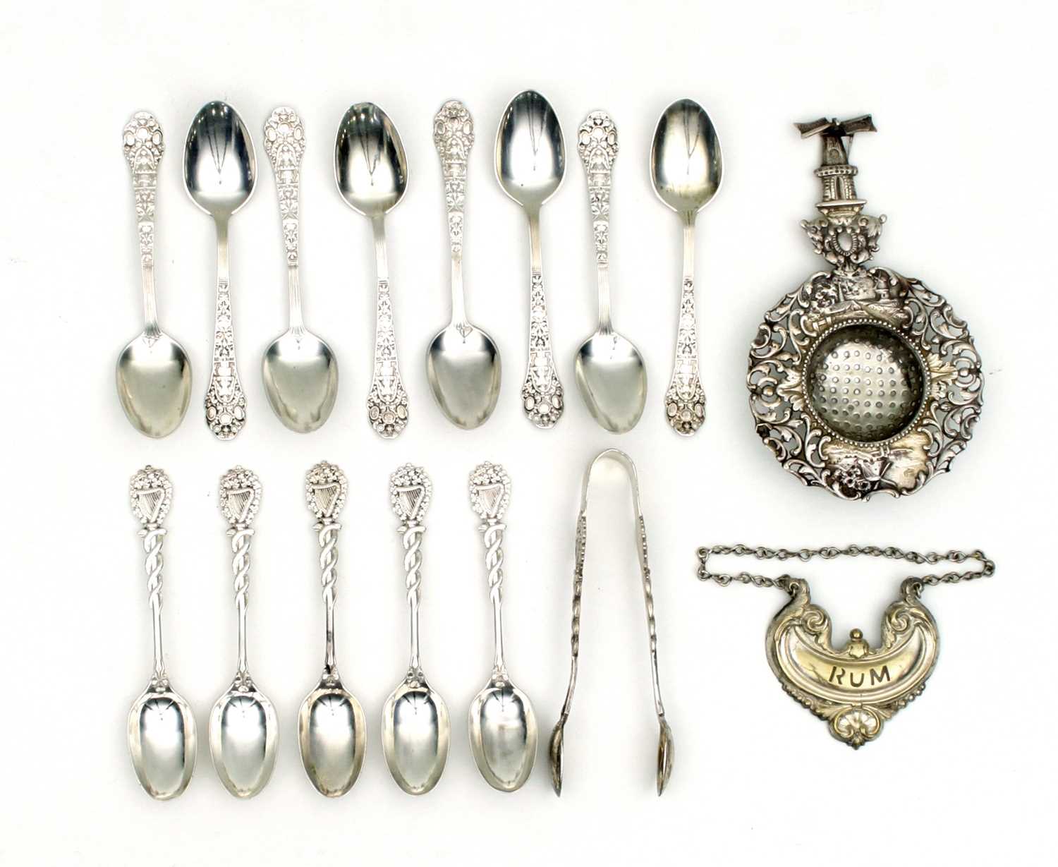 Lot 44 - Five silver teaspoons and the matching tongs,