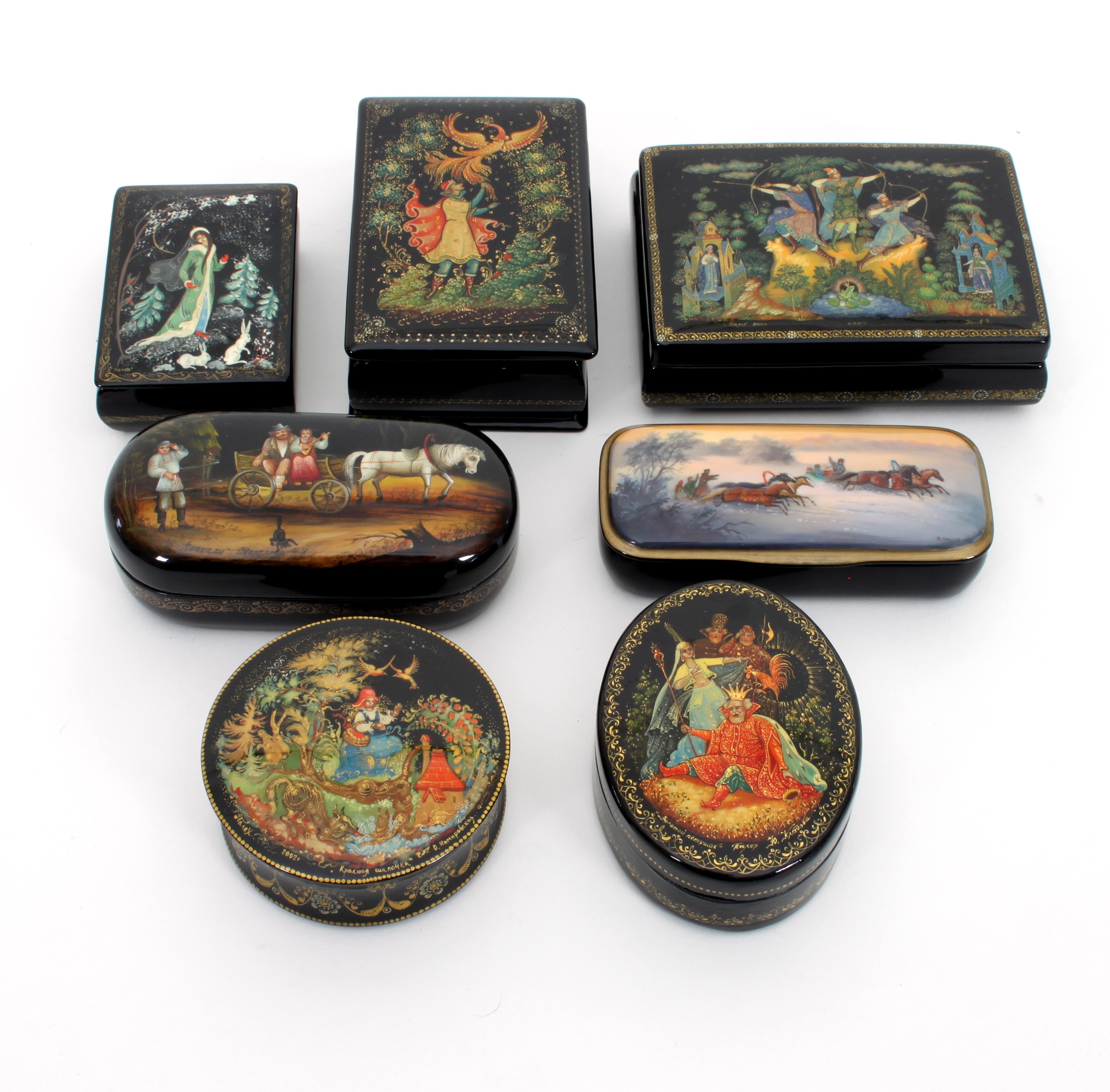Lot 81 - A group of seven Russian Palekh boxes, the