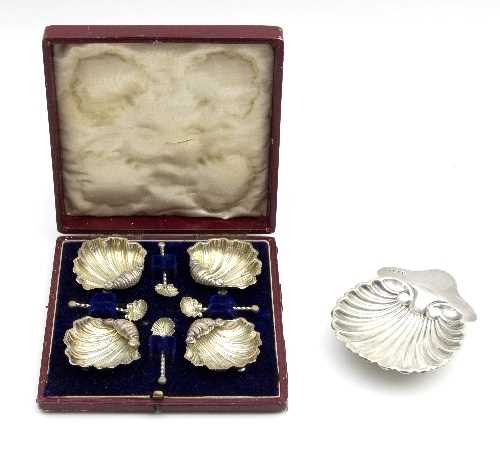 Lot 70 - A cased set of four silver shell-shaped salts,