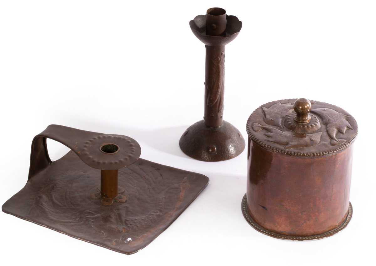 Lot 205 - Newlyn, a copper candlestick embossed fish,