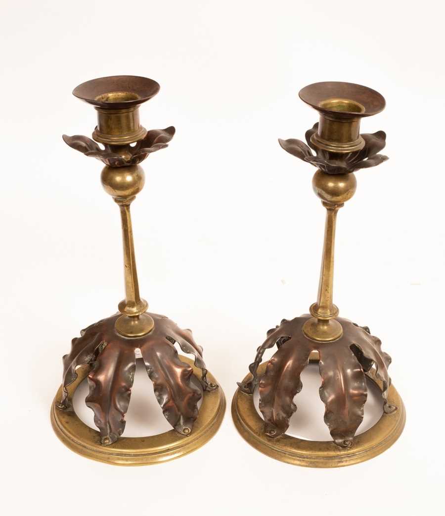 Lot 381 - Style of WAS Benson, a pair of copper and