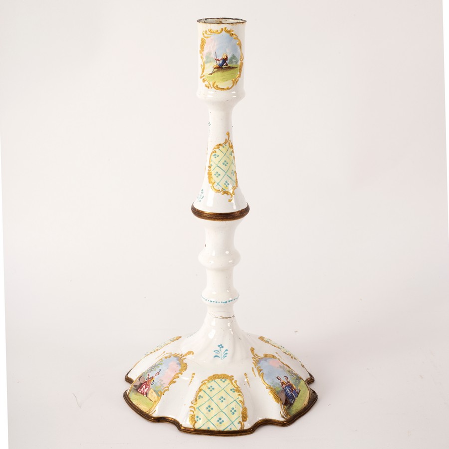 Lot 72 - A Bilston enamel candlestick with baluster
