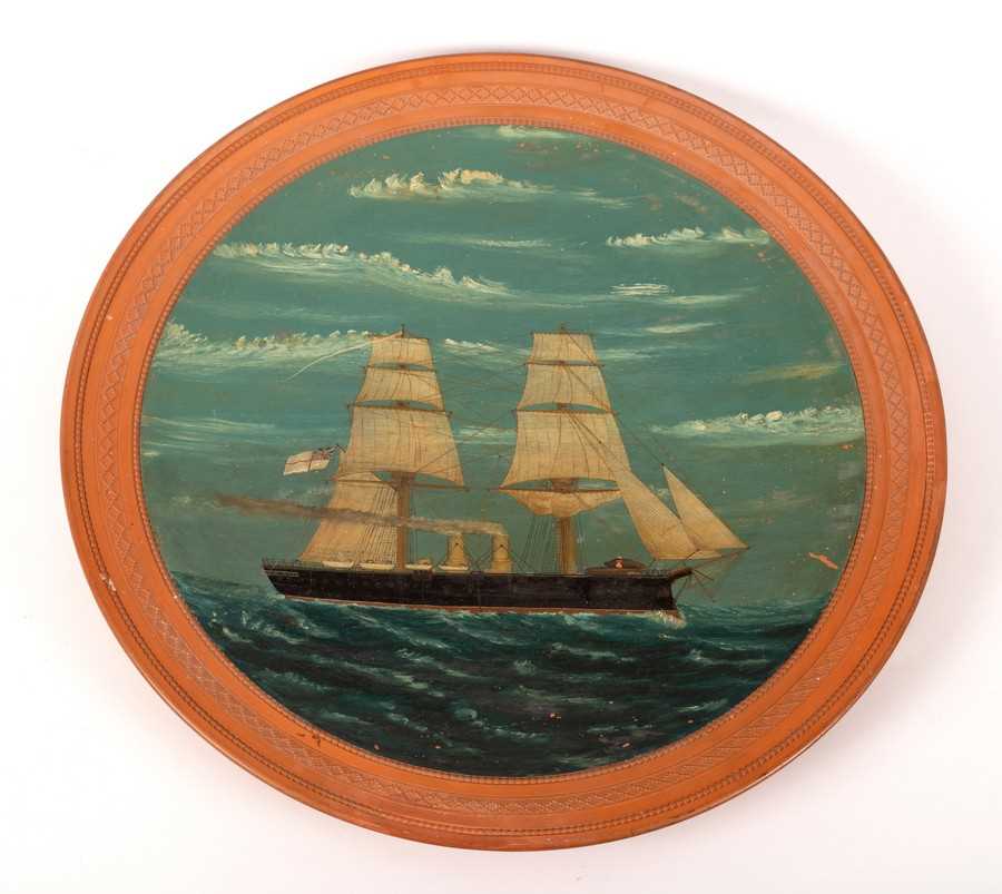 Lot 293 - A terracotta plaque painted a Steam Clipper,